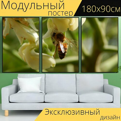 Модульный постер "Пчела, природа, весна" 180 x 90 см. для интерьера