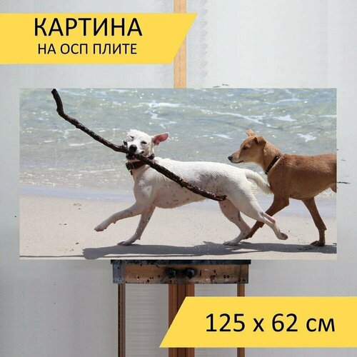 Картина на ОСП 125х62 см. "Собаки, палка, играть" горизонтальная, для интерьера, с креплениями