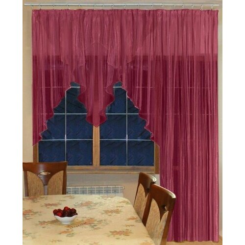 Тюль для окна с балконом на кухню и комнату на ленте ТРИО-1 цвет бордовый шир. 300 см выс. 230 см