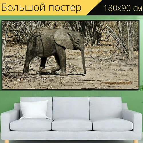 Большой постер "Слон, животное, африка" 180 x 90 см. для интерьера