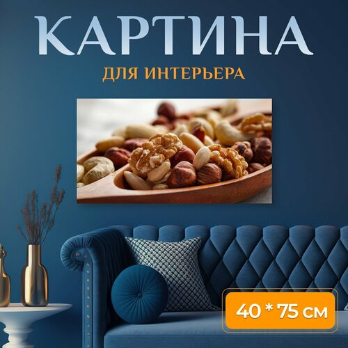 Картина на холсте "Орехи, ореховая смесь, еда" на подрамнике 75х40 см. для интерьера
