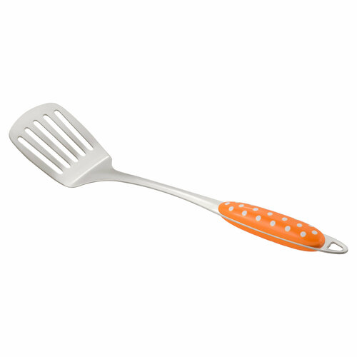 Лопатка кухонная перфорированная, нержавеющая сталь, размер 35 х 8 см / Лопатка стальная с пластиковой ручкой "горох", цвет оранжевый