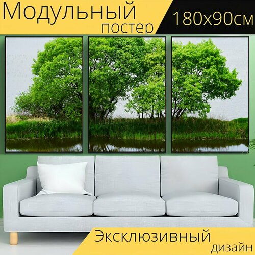 Модульный постер "Деревья, трава, река" 180 x 90 см. для интерьера