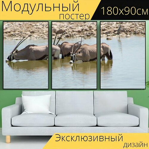 Модульный постер "Животные, пустыня, водопой" 180 x 90 см. для интерьера