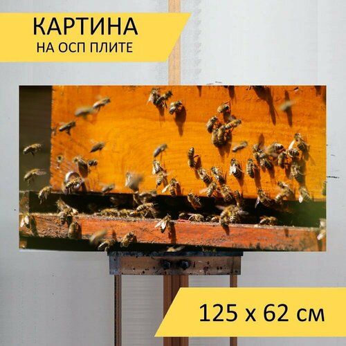 Картина на ОСП 125х62 см. "Пчелы, собиратели, улей" горизонтальная, для интерьера, с креплениями