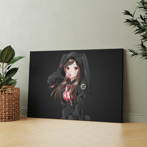 Картина на холсте "Женщина в черной толстовке с красным сердцем на груди" 30x40 см. Интерьерная, на стену.