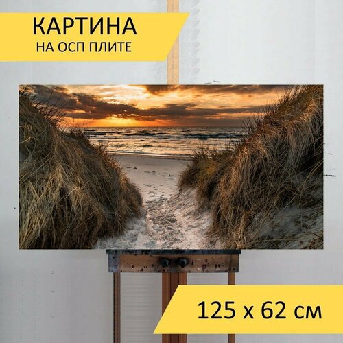 Картина на ОСП 125х62 см. "Западный пляж, балтийское море, песчаные дюны" горизонтальная, для интерьера, с креплениями