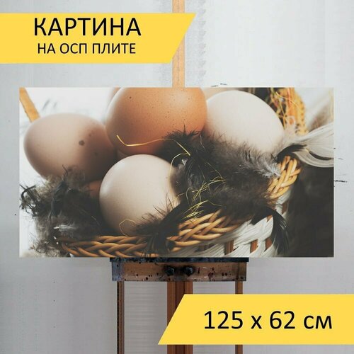 Картина на ОСП 125х62 см. "Пасхальные яйца, корзина, пасха" горизонтальная, для интерьера, с креплениями