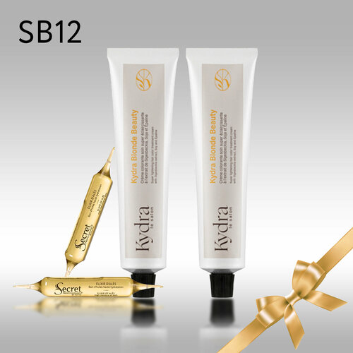 Kydra набор Blonde Beauty: 2 краски, 2 ампулы, Подарок аксессуар для волос. Краска SB12 CENDRE` IRICE` SUPER BLONDE ASH PEARL Экстра светлый блонд 2 шт, 60 мл, Эликсир-уход с гиалуроновой кислотой для уплотнения структуры волос 2 ампулы по 10мл, Подарок