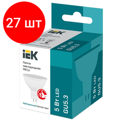 Комплект 27 штук, Лампа светодиодная IEK ECO MR16 LLE-MR16-5-230-40-GU5 5Вт 4000К GU5.3