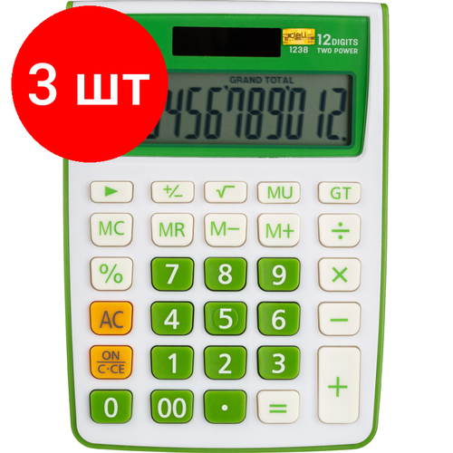 Комплект 3 штук, Калькулятор настольный компактный Deli E1238/GRN зеленый 12-разр