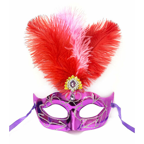 Маска карнавальная венецианская фиолетовая с перьями / Маска маскарадная для лица