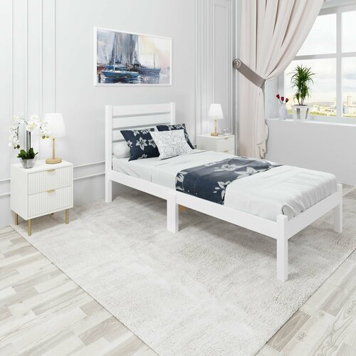 Кровать односпальная Классика Компакт из массива сосны с высокой спинкой и сплошным основанием, цвет белый, 80х190 см