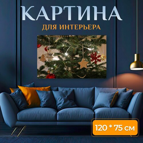 Картина на холсте "Рождественская елка, елочные украшения, рождественское украшение" на подрамнике 120х75 см. для интерьера