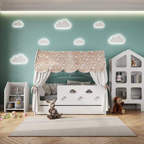 Кровать детская домик с текстилем и ящиком (бежевый, со звездами, вход слева) "Облачка"