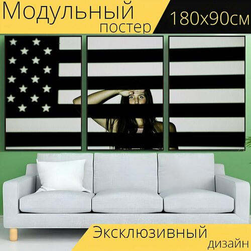 Модульный постер "Соединенные штаты америки, флаг, черное и белое" 180 x 90 см. для интерьера