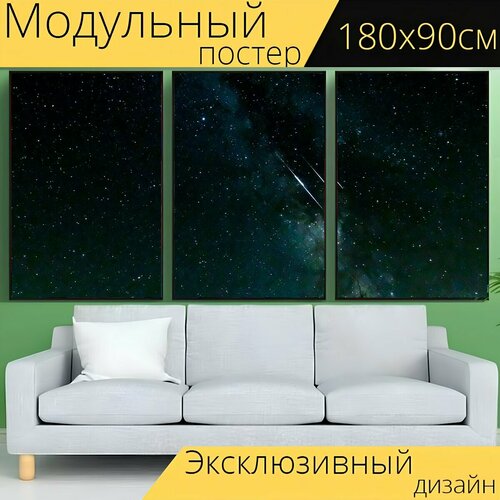 Модульный постер "Падающие звезды, млечный путь, ночь" 180 x 90 см. для интерьера
