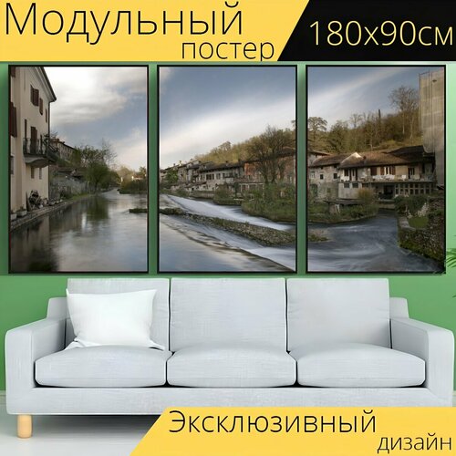 Модульный постер "Дома, река, жилой" 180 x 90 см. для интерьера