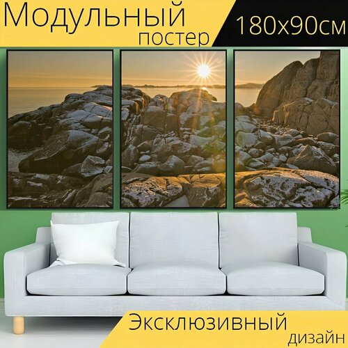 Модульный постер "Заход солнца, горные породы, морской берег" 180 x 90 см. для интерьера