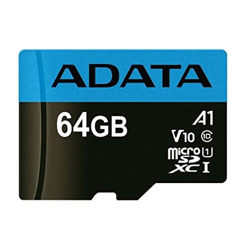 Карта памяти ADATA microSDXC 64 ГБ Class 10, V10, A1, UHS-I U1, R/W 100/25 МБ/с, адаптер на SD, 1 шт., черный