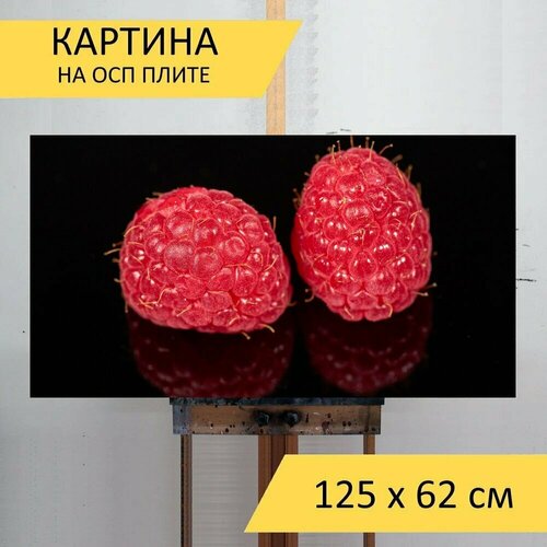 Картина на ОСП 125х62 см. "Малина, ягода, красный" горизонтальная, для интерьера, с креплениями