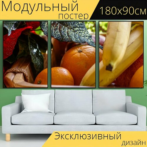 Модульный постер "Фрукты, банан, апельсин" 180 x 90 см. для интерьера