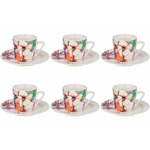 Чайный набор посуды на 6 персон 250 мл Lefard Цветущий Сад 12 Предметов, 6 чашек и Блюдец, подарочный фарфор / кружки для чая и кофе