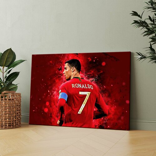 Картина на холсте (Мужчина в красной рубашке с футбольным мячом) 20x30 см. Интерьерная, на стену.