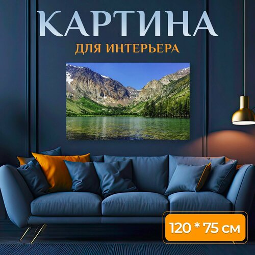 Картина на холсте "Озеро, горы, природа" на подрамнике 120х75 см. для интерьера