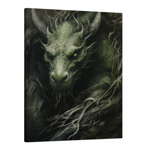 Интерьерная картина 50х70 "Зеленый деревянный дракон в магическом рассвете"