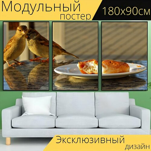 Модульный постер "Птицы, ресторан, круассан" 180 x 90 см. для интерьера