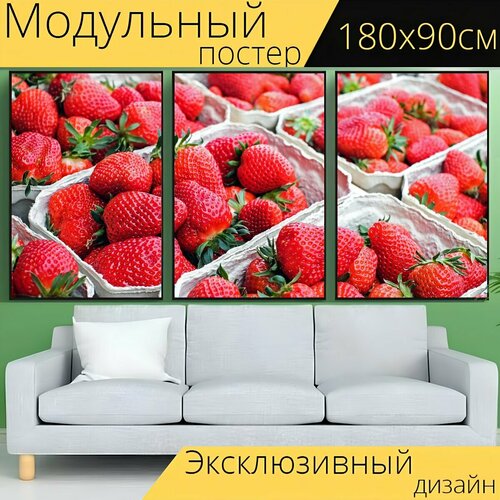 Модульный постер "Клубника, фрукты, рынок" 180 x 90 см. для интерьера