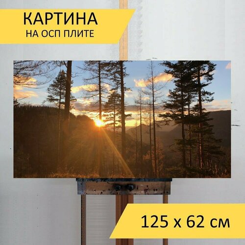 Картина на ОСП 125х62 см. "Заход солнца, природа, лес" горизонтальная, для интерьера, с креплениями