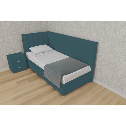 Односпальная кровать Сочи 90x200 основание металлическое с ламелями велюр бирюзовый ножки 5 см угол правый