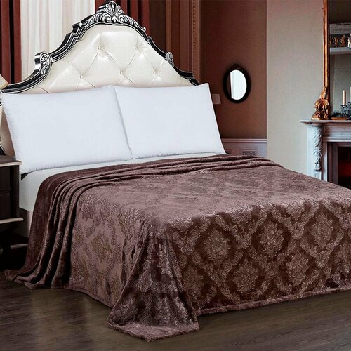 Плед двуспальный евро 200х220 горький шоколад, покрывало на кровать и диван Cleo Parma, пушистый с рисунком, велсофт