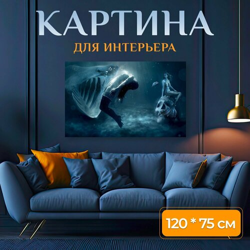 Картина на холсте "Акула, русалочка, мистический" на подрамнике 120х75 см. для интерьера