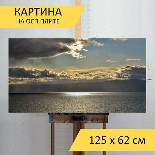 Картина на ОСП 125х62 см. "Озеро охрид, пейзаж, природа" горизонтальная, для интерьера, с креплениями