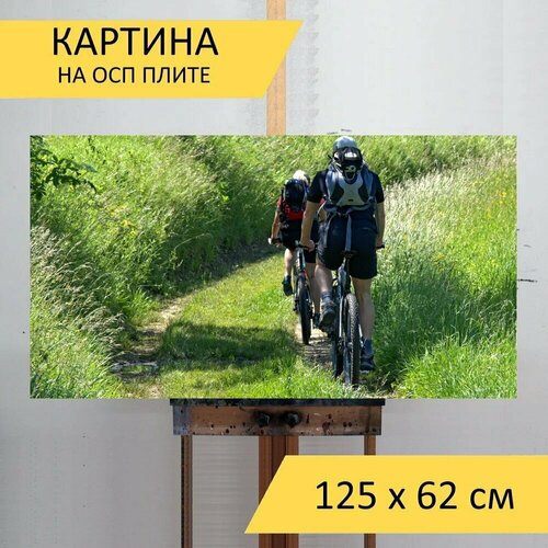 Картина на ОСП 125х62 см. "Велосипедист, природа, луг" горизонтальная, для интерьера, с креплениями