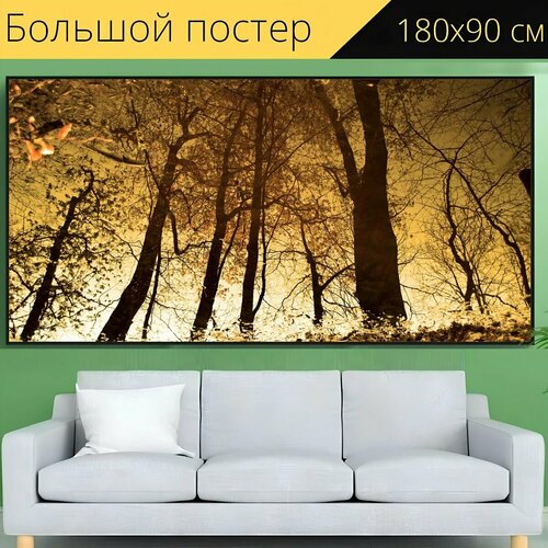 Большой постер "Лес, отражение в лесу, деревья" 180 x 90 см. для интерьера