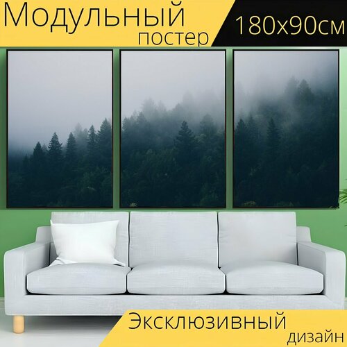Модульный постер "Деревья, туман, лес" 180 x 90 см. для интерьера