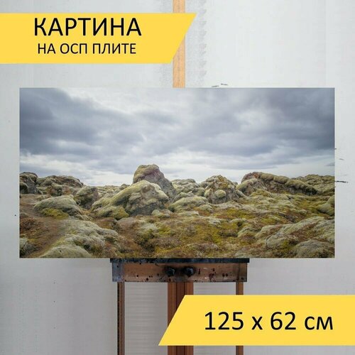 Картина на ОСП 125х62 см. "Мох, камень, исландия" горизонтальная, для интерьера, с креплениями