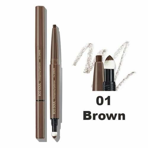 The Saem Карандаш для бровей три в одном 0,2г+0,12г Eco Soul Designing Eyebrow, оттенок 01 Brown