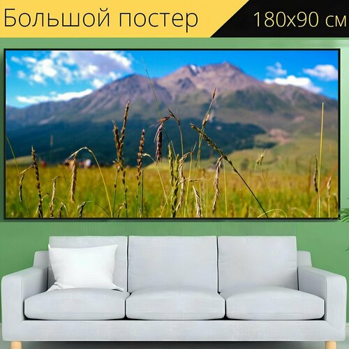 Большой постер "Трава, далекая гора, снежная гора" 180 x 90 см. для интерьера