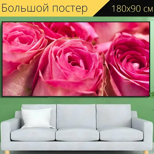 Большой постер "Розы, розовый, цветы" 180 x 90 см. для интерьера