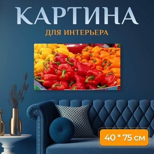 Картина на холсте "Перец, красный, апельсин" на подрамнике 75х40 см. для интерьера