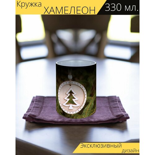 Кружка хамелеон с принтом "Рождественская елка, орнамент, праздники" 330 мл.