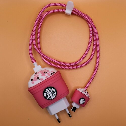 Комплект с обмоткой-спиралью для кабеля и защитный чехол для зарядки / защита кабеля от излома / Старбакс розовый