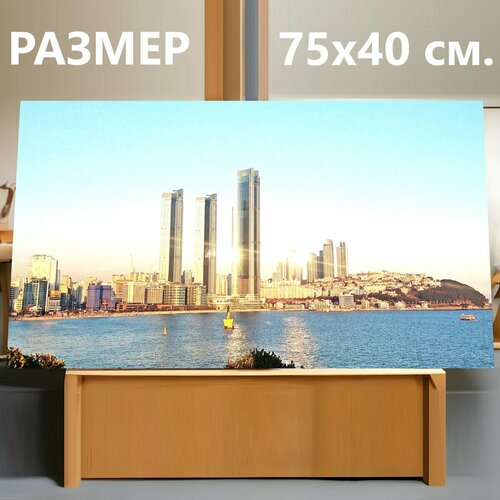 Картина на холсте "Пусан, город, море" на подрамнике 75х40 см. для интерьера