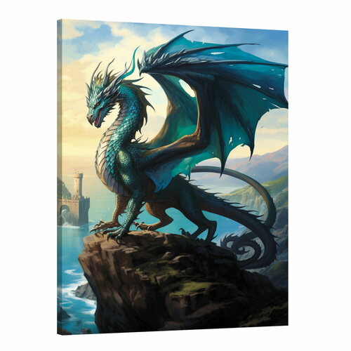Интерьерная картина 50х70 "Зеленый деревянный дракон в магическом рассвете на острове"