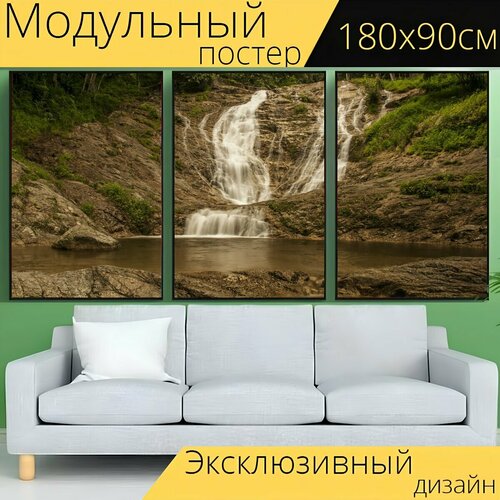 Модульный постер "Горы, водопад, река" 180 x 90 см. для интерьера